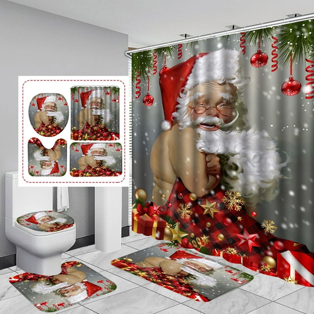 4Pcs Santa Claus Shower Curtain Sets with Non-Slip Rugs, Toilet Lid ...