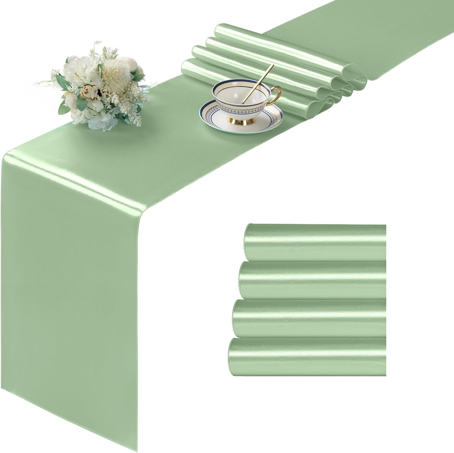 4Pcs Satin Sage Green Table Runner - 12 x 108 Inch Long, Smooth Elegant ...
