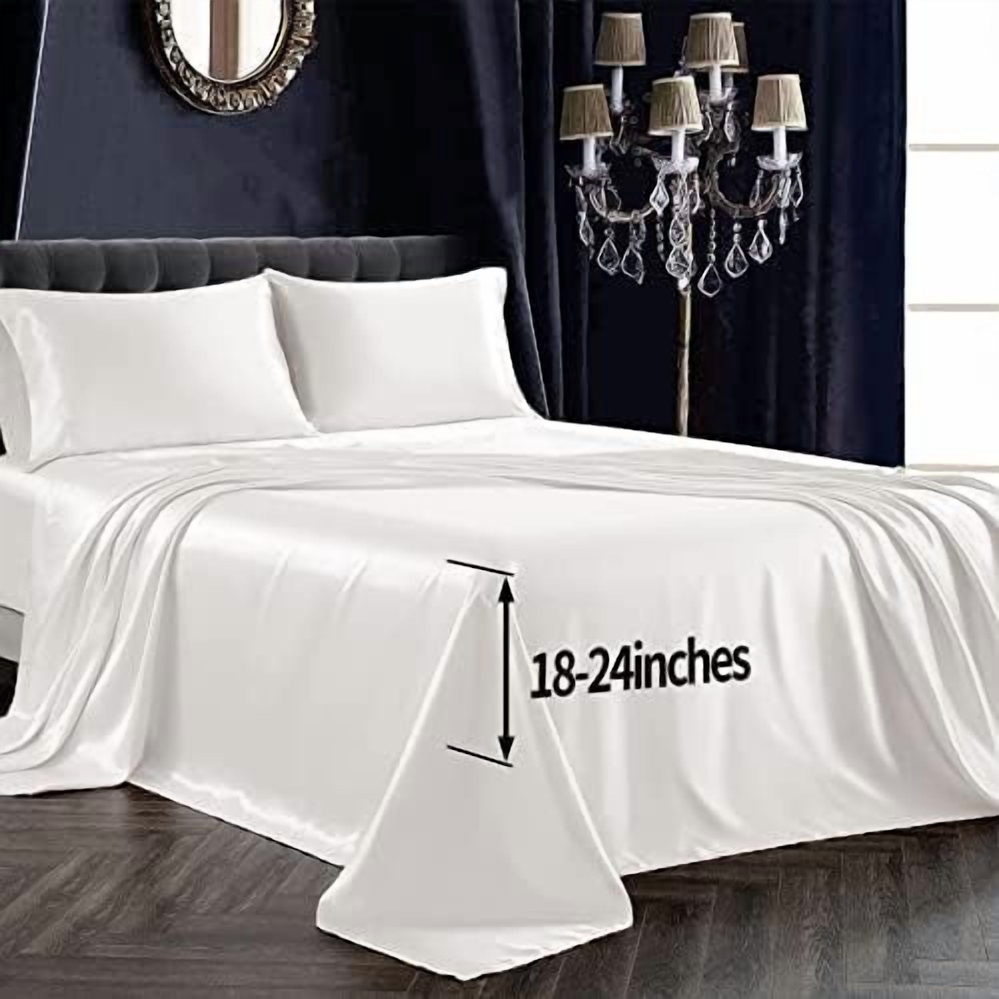 4Pcs Satin Sheet Extra Deep Pocket King Size, Ultra Silky Soft Ivory ...