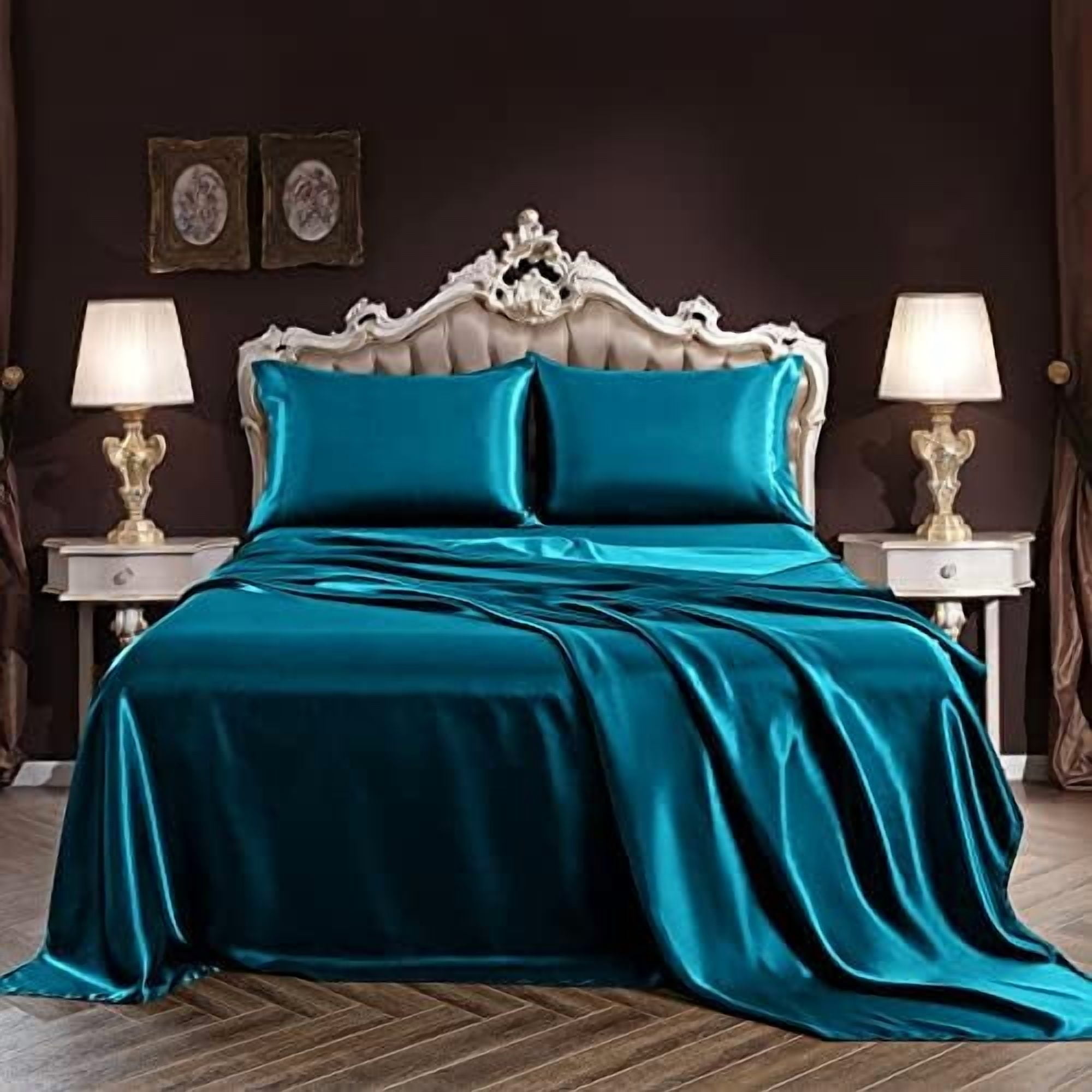 4Pcs Satin Sheet Set Queen Size Ultra Silky Soft Teal Satin Queen Bed ...