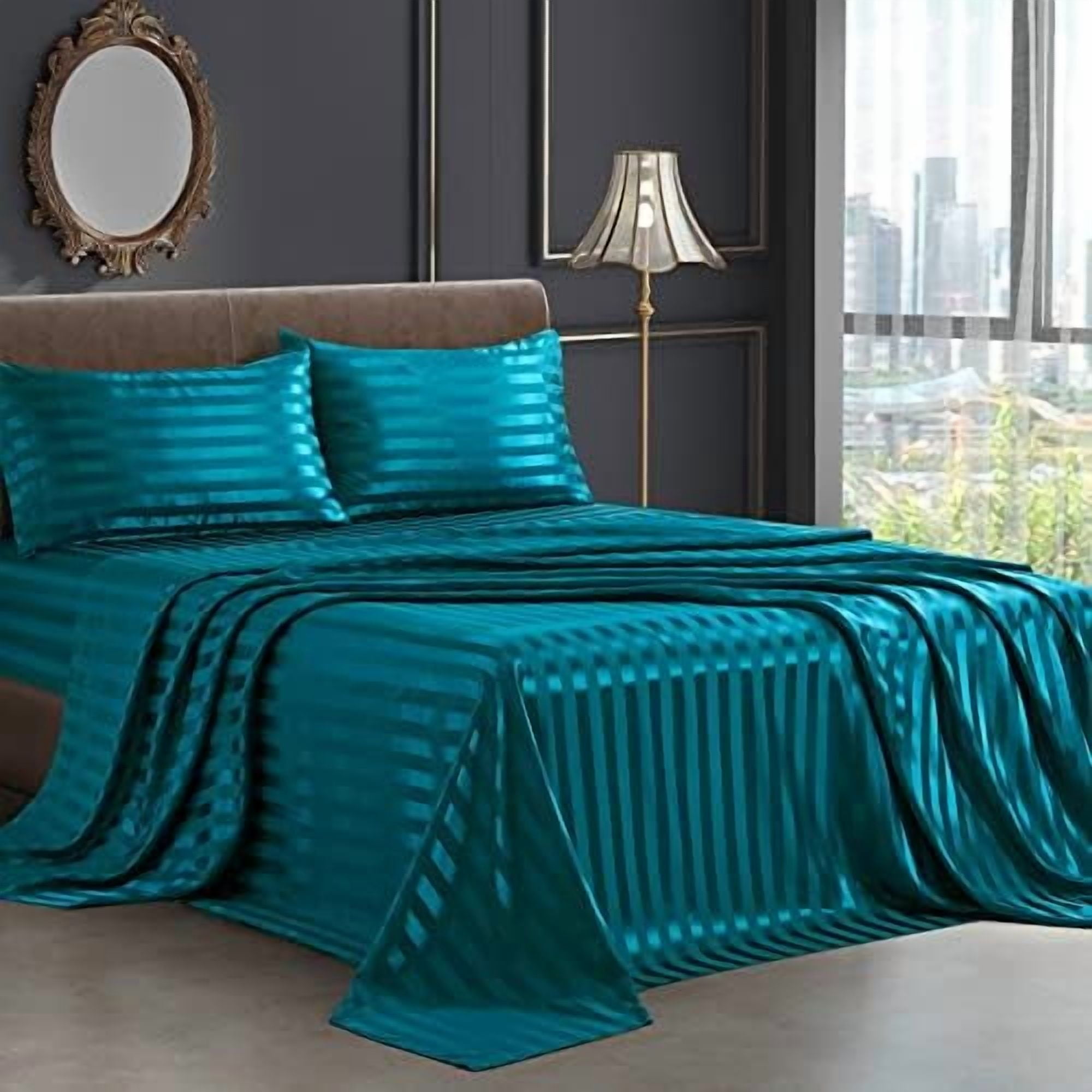 4Pcs Satin Sheets Stripe Printed Sheets, Italian Style Silky Soft Teal ...