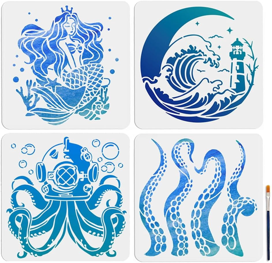 4Pcs Sea Ocean Creatures Stencils 11.8×11.8inch Summer Mermaid Moon ...