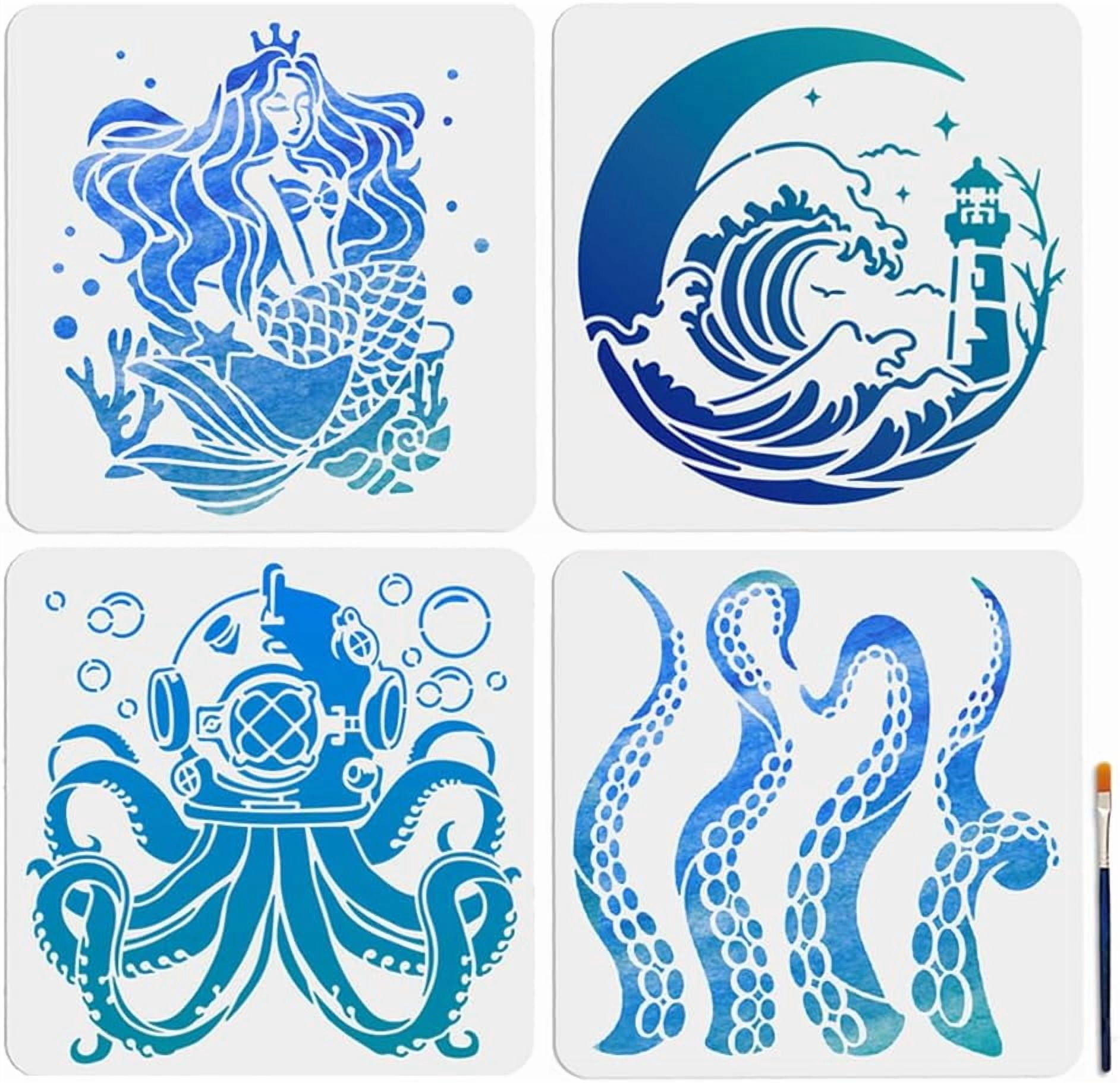 4Pcs Sea Ocean Creatures Stencils 11.8×11.8inch Summer Moon Octopus ...