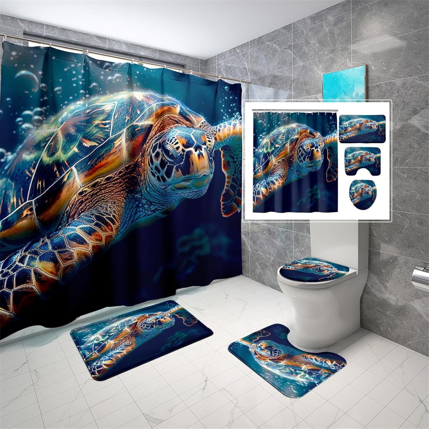 4Pcs Sea Turtle Bathroom Set - Ocean Turtle Bathroom Shower Curtain ...
