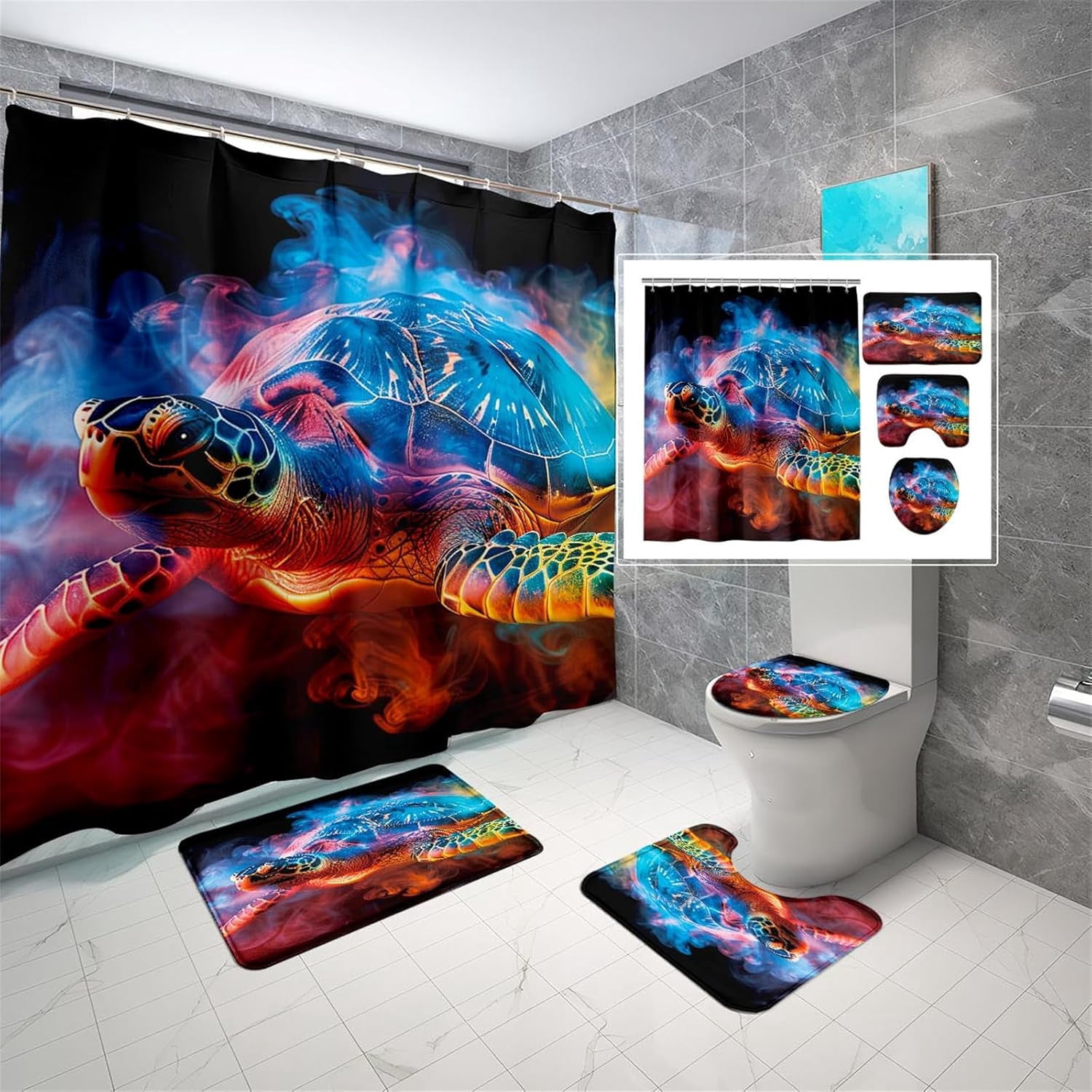 4Pcs Sea Turtle Bathroom Set - Ocean Turtle Bathroom Shower Curtain ...