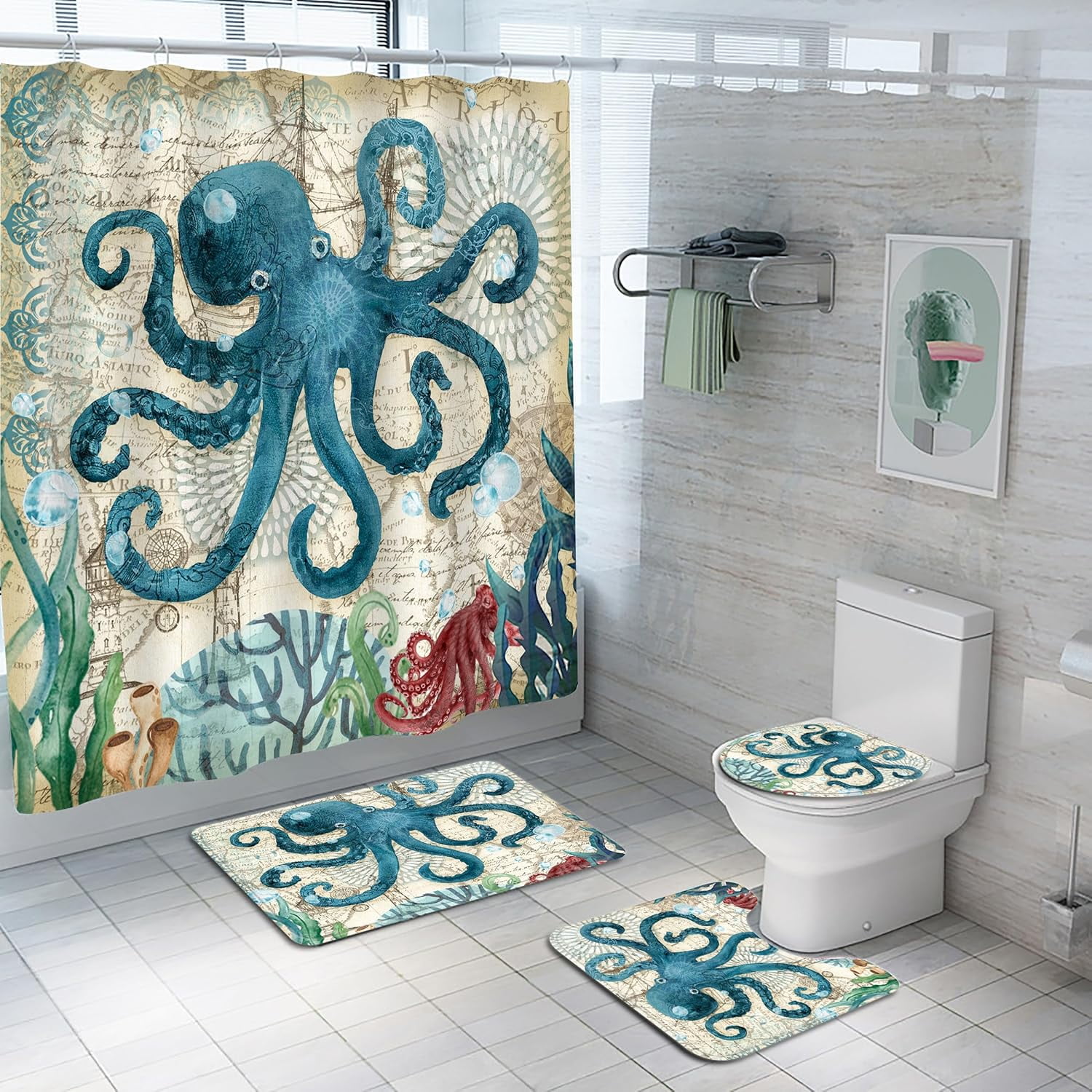 4Pcs Sea Turtle Shower Curtain Sets, Ocean Turtle Bathroom Sets with ...