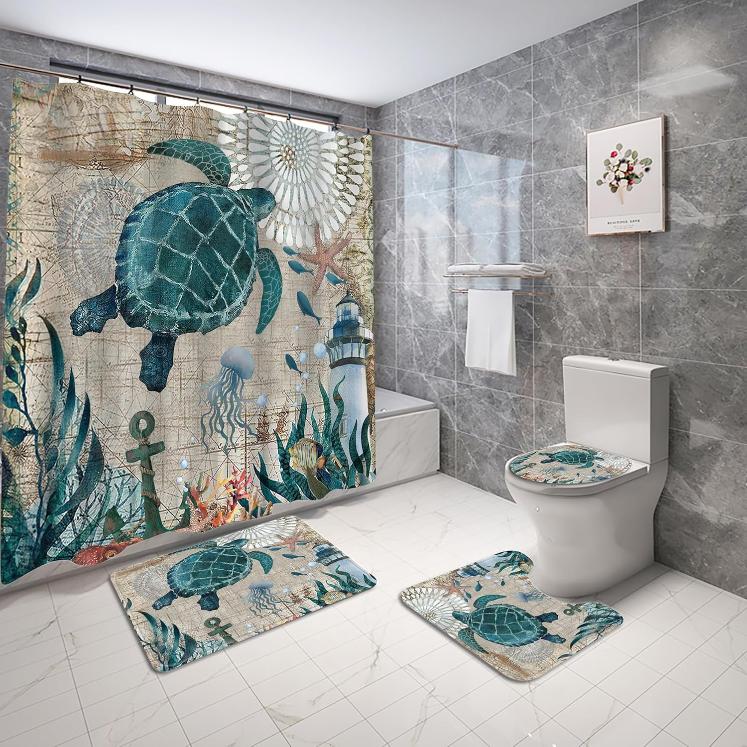 4Pcs Sea Turtle Shower Curtain Sets, Ocean Turtle Bathroom Sets with ...