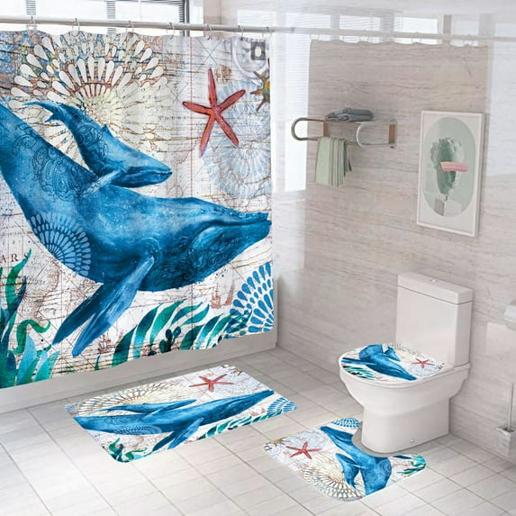 4Pcs Sea World Shower Curtain Sets with Non-Slip Rugs,Toilet Lid Cover ...