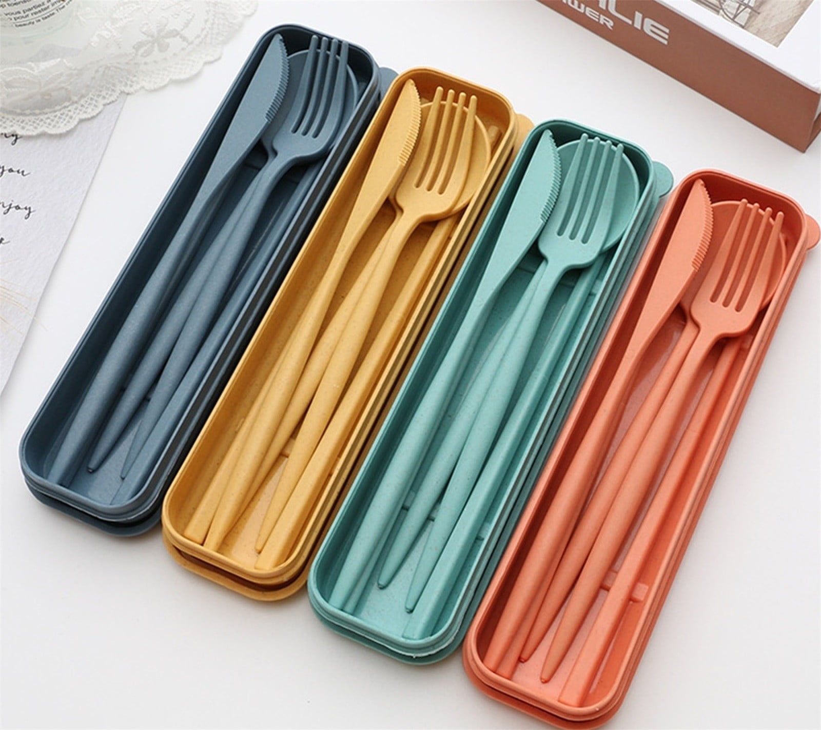 4Pcs/Set Flatware Sets Creative With Case Plastic Portable Spoon Fork ...
