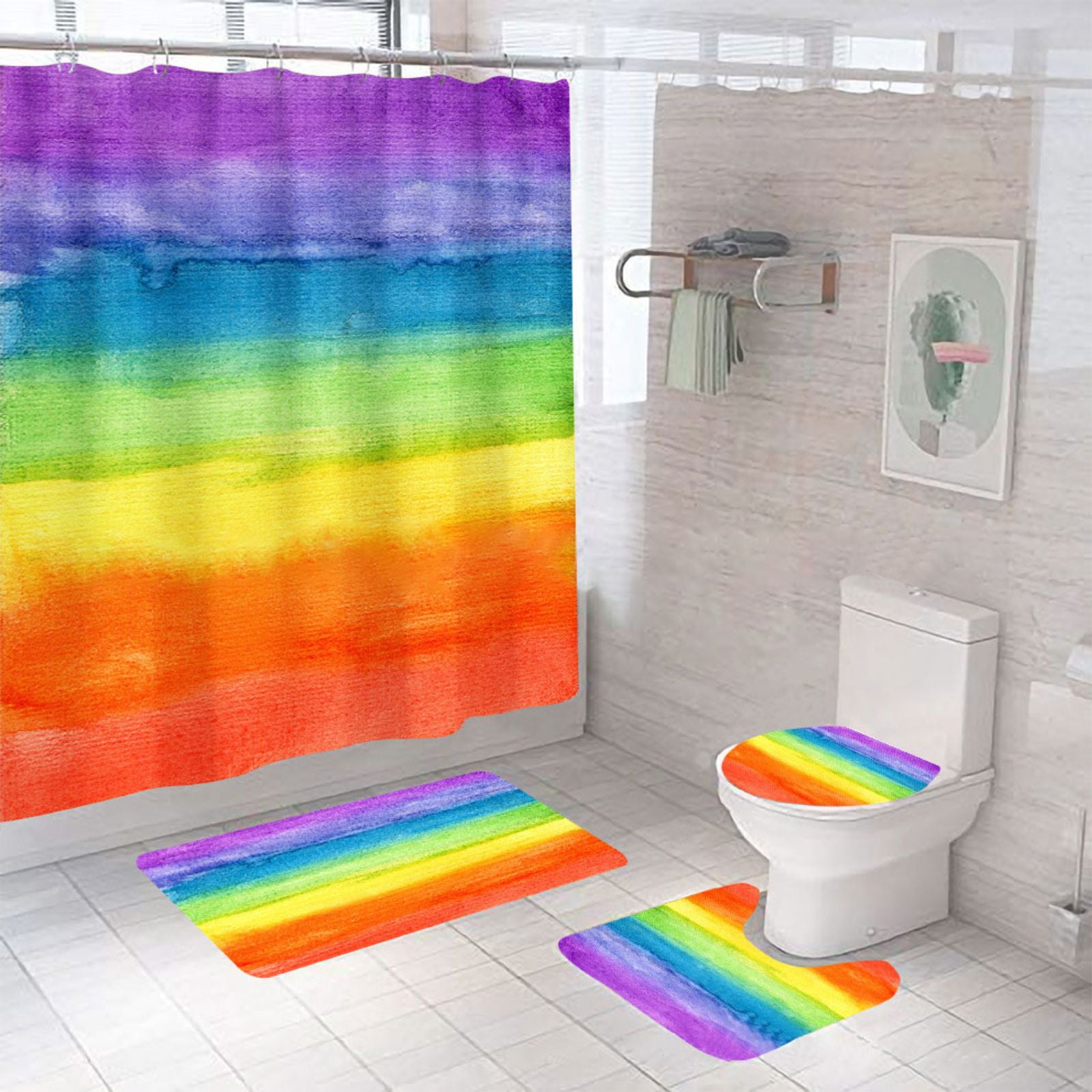 4pcs Shower Curtain Set Bathroom Rug Set With Non Slip Rugs Toilet