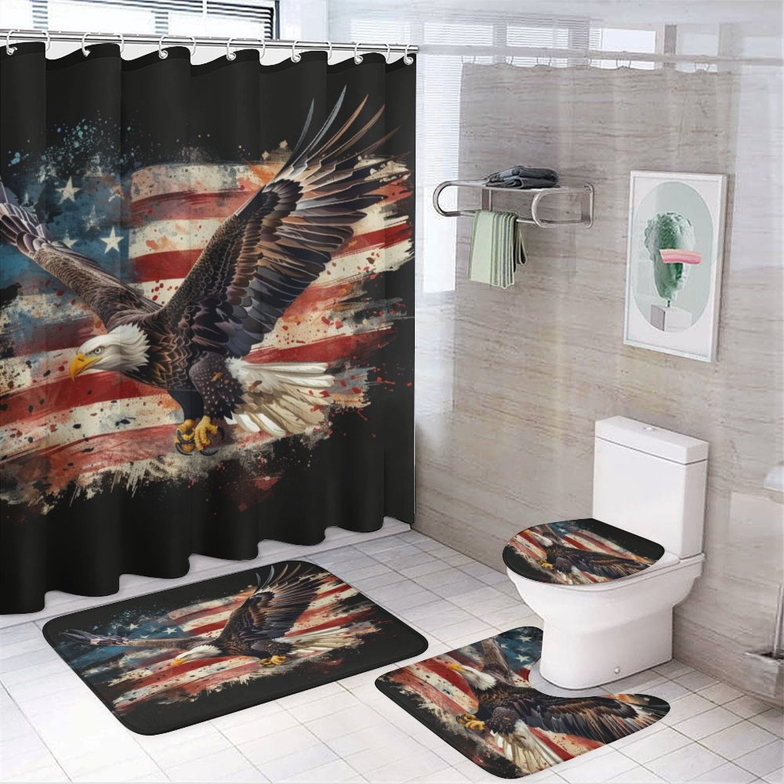 4Pcs Shower Curtain Set with Rugs American Eagle USA Flag with Rugs ...