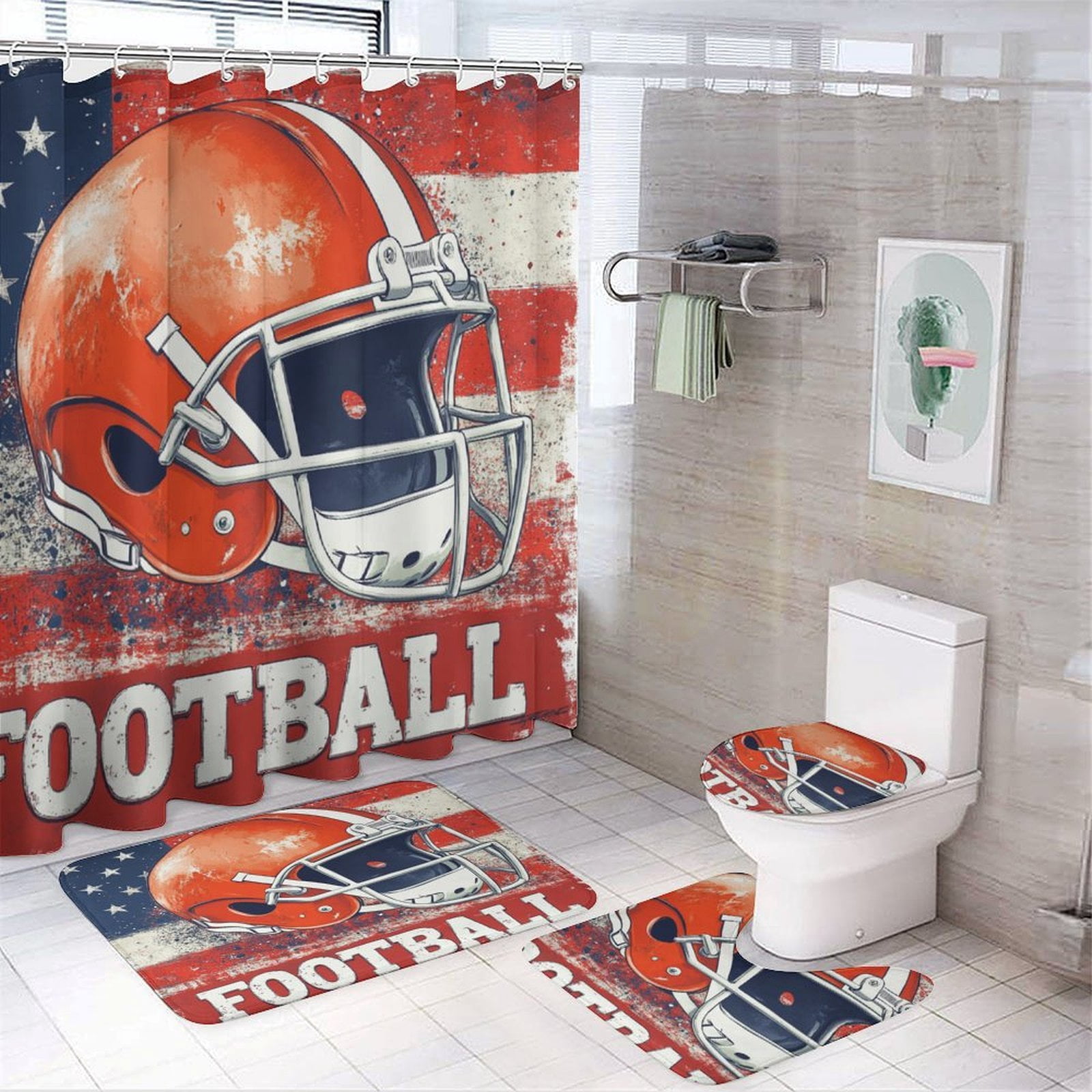 4Pcs Shower Curtain Set with Rugs Football And Helmet with American ...