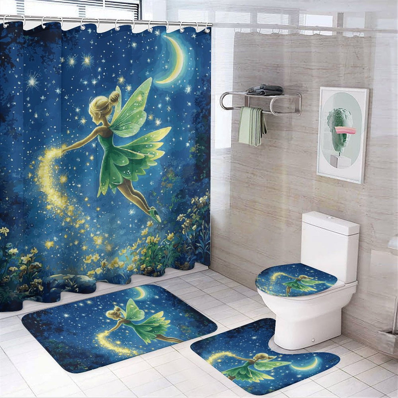 4Pcs Shower Curtain Set,Tinker Bell Bathroom Curtain Set with Non-Slip ...