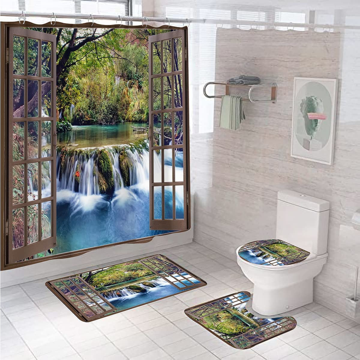 4Pcs Shower Curtain Sets Natural Scenery Window Forest Waterfall Shower ...