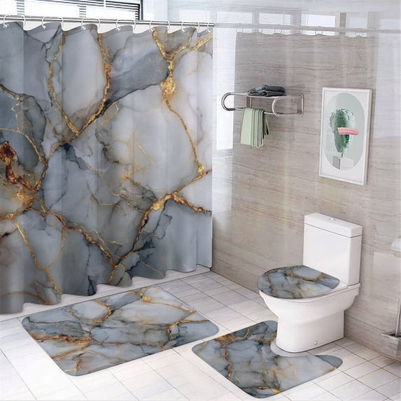 4Pcs Shower Curtain Sets with Rugs Bath Mat U-Shaped Floor Mat Toilet ...
