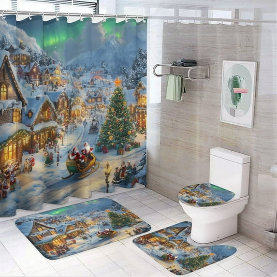 4Pcs Shower Curtain Sets with Rugs Beautiful Christmas Village Merry ...