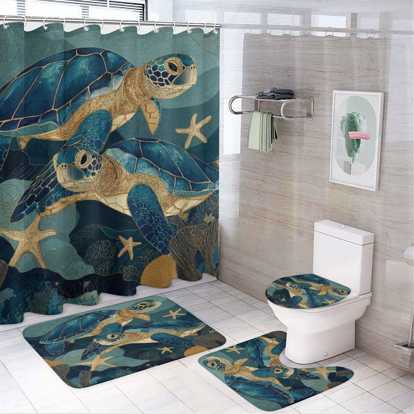 4Pcs Shower Curtain Sets with Rugs Nautical Green Sea Turtles Beach ...