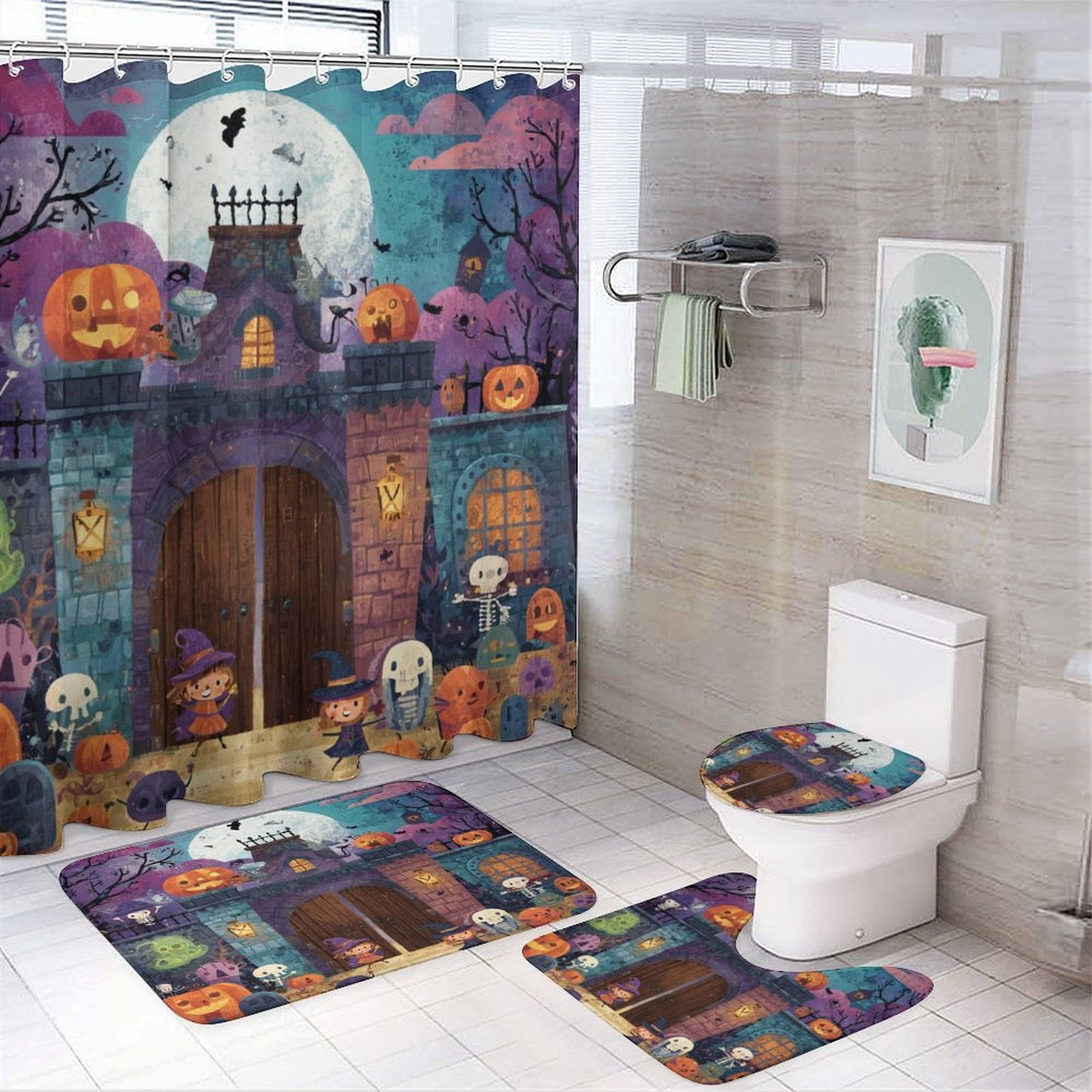 4Pcs Shower Curtain Sets with Rugs Pumpkins Witches Haunted House with ...