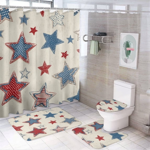 4Pcs Shower Curtain Sets with Rugs Red Blue Stars Independence Day with ...
