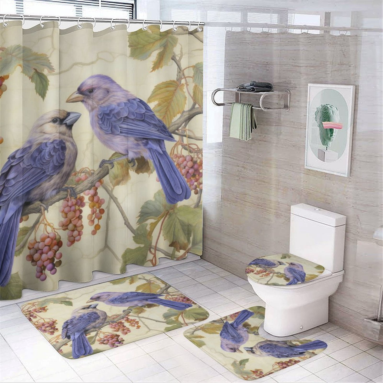 4Pcs Shower Curtain Sets with Rugs with Rugs Toilet Lid Cover and Bath ...