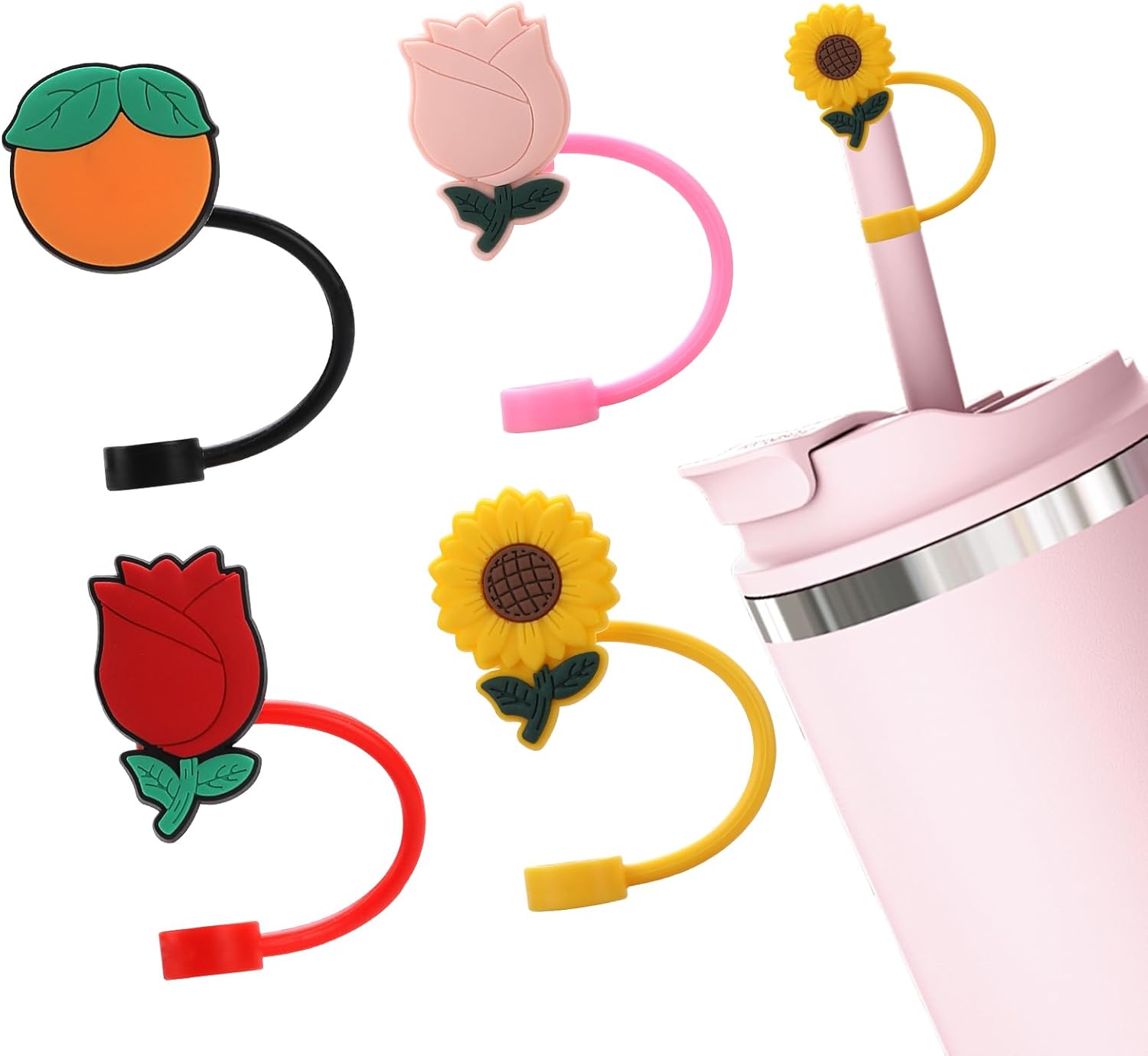 4Pcs Silicone Straw Toppers Cap for Stanley 40oz –Red&Pink Rose, Orange ...