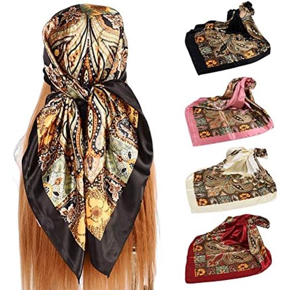 4Pcs Silk Head Scarves for Women Satin Hair Scarf 35”Large Square ...