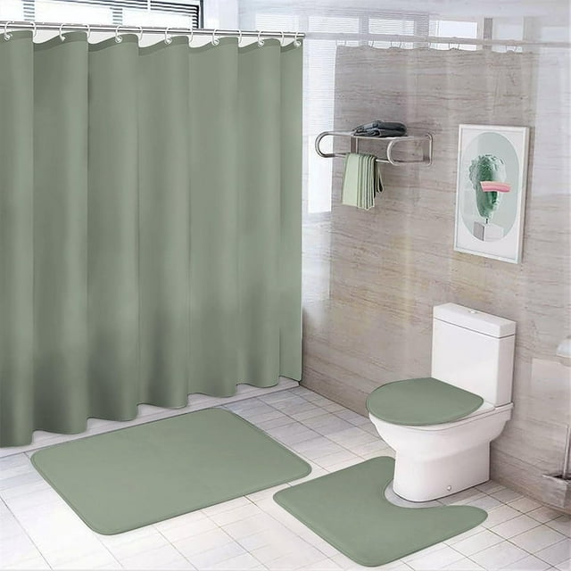 4Pcs Simple Sage Green Shower Curtain Sets, Bathroom Set Decor with Non ...