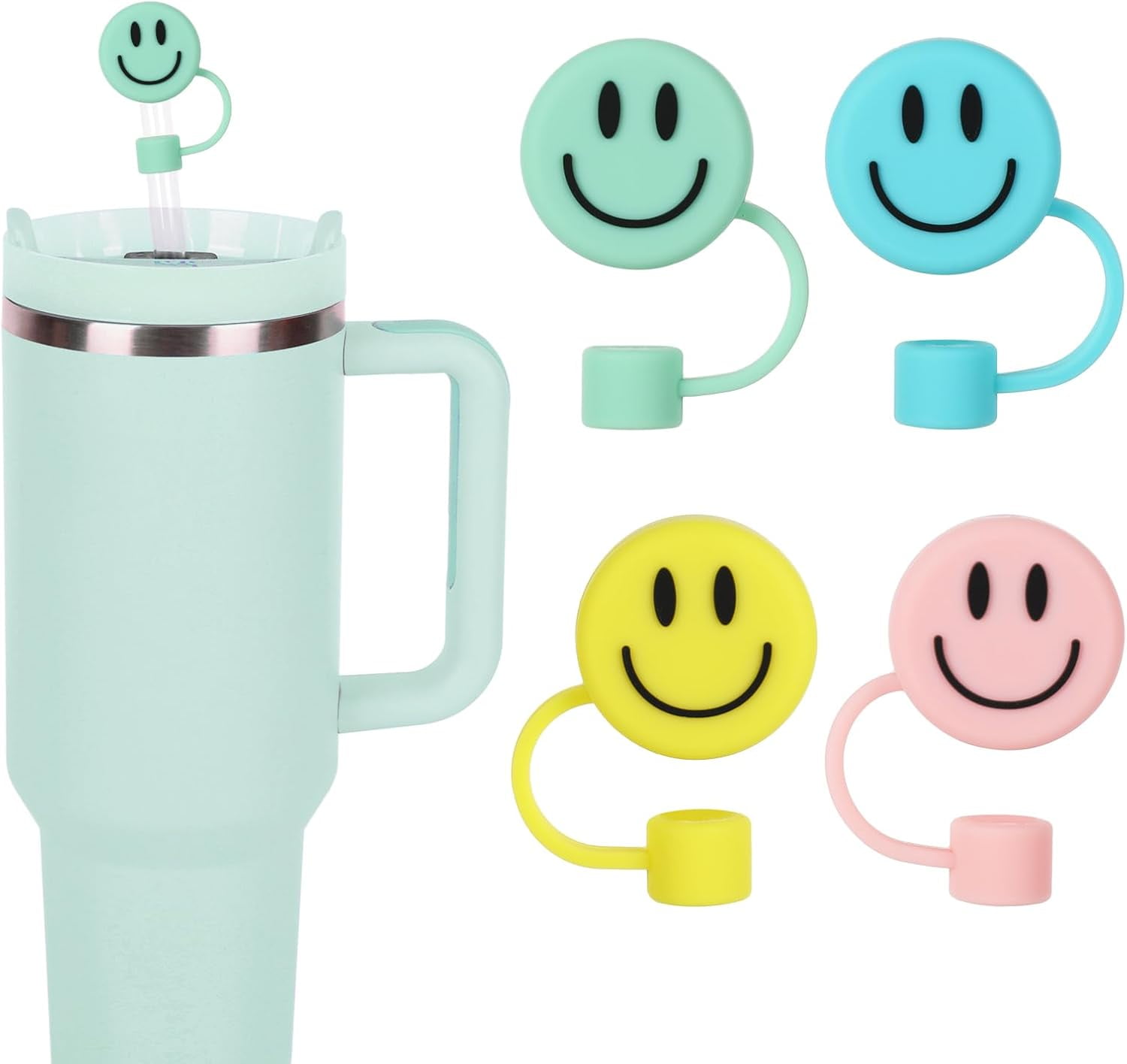 4Pcs Smiling Face Straw Covers Pink Green Blue Yellow Silicone Reusable ...