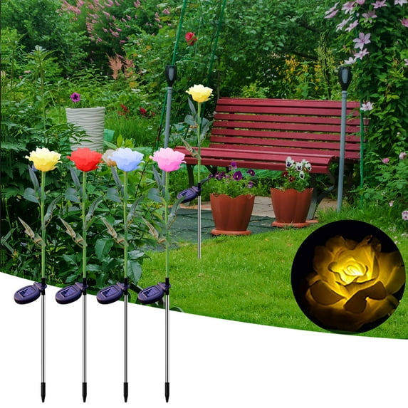 4Pcs Solar Rose Light, Kadlawus Single Branch Solar Powered Rose Garden ...