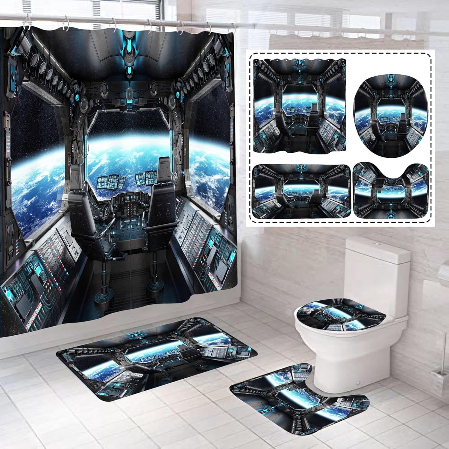 4Pcs Spaceship Interior Shower Curtain Planet Earth Galaxy Futuristic ...