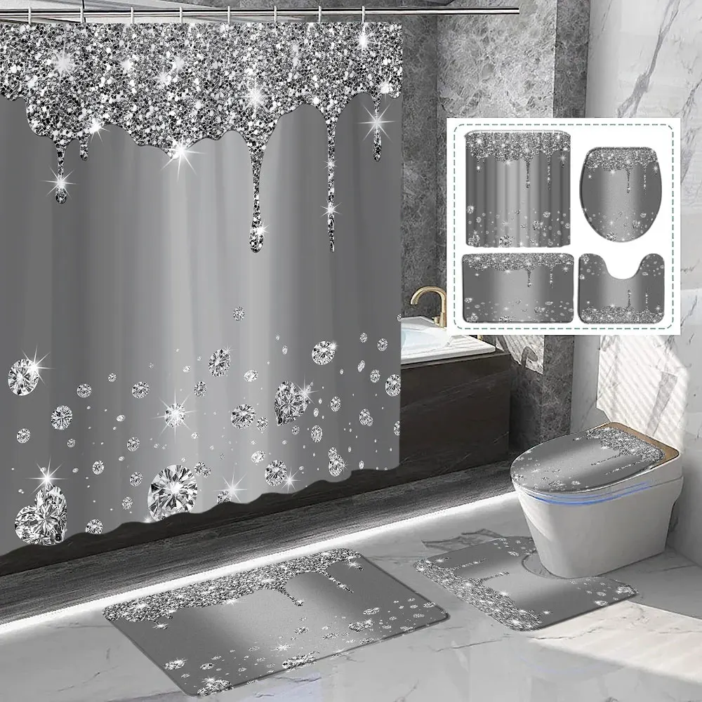 4Pcs Sparkling Shower Curtain Set Shiny Bathroom Trim Carpet And Toilet ...