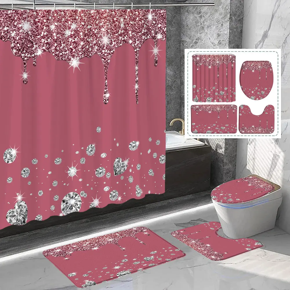 4Pcs Sparkling Shower Curtain Set Shiny Bathroom Trim Carpet And Toilet ...