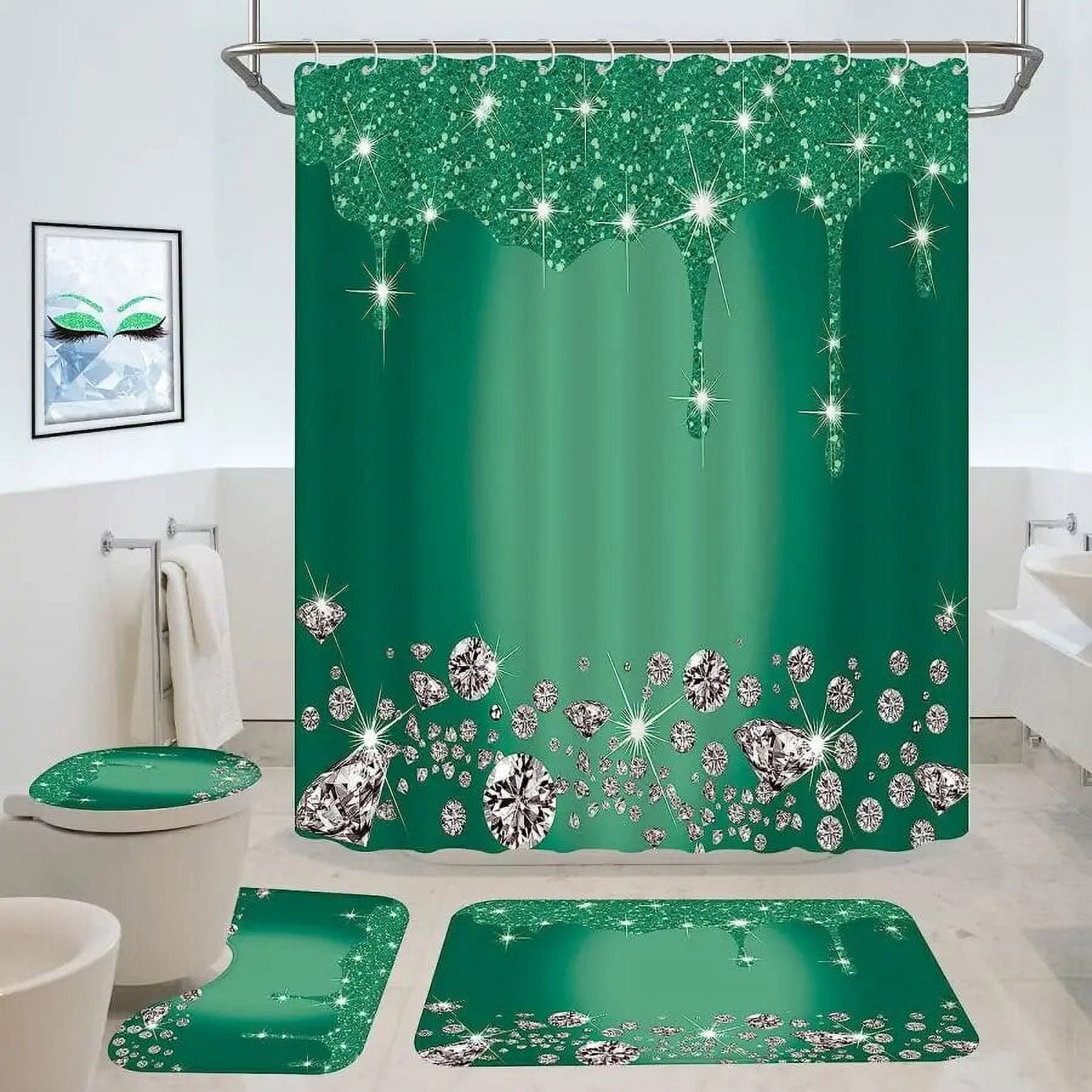 4Pcs Sparkling Shower Curtain Set Shiny Bathroom Trim Carpet And Toilet ...