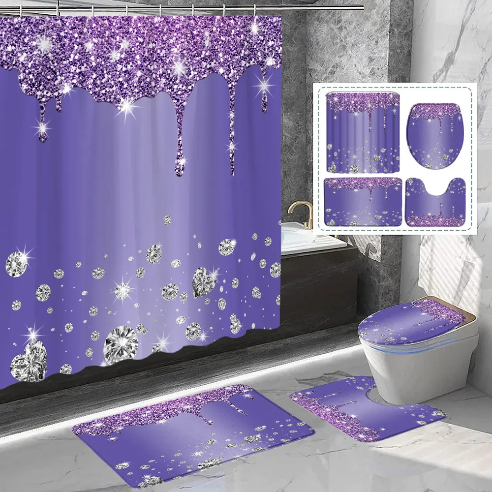4Pcs Sparkling Shower Curtain Set Shiny Bathroom Trim Carpet And Toilet ...