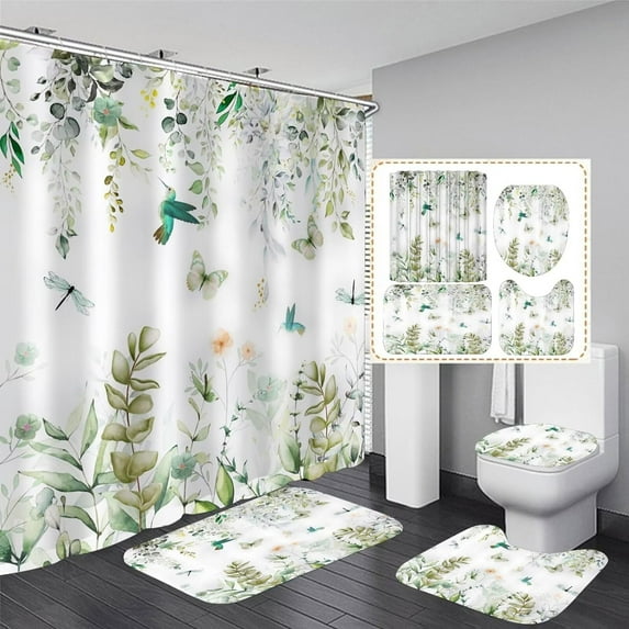 4Pcs Spring Dragonfly Shower Curtain Set Yellow Flower Bathroom Sets ...