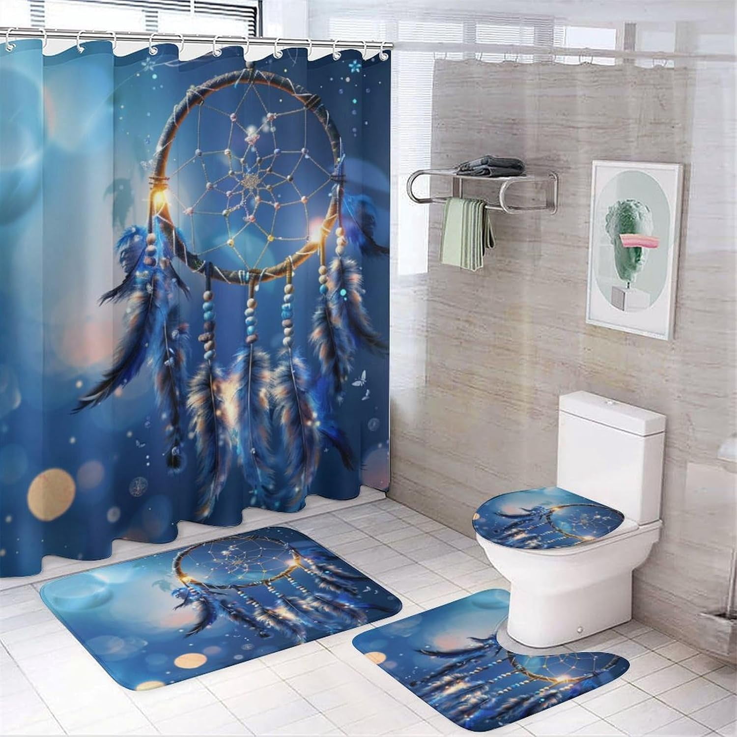 4Pcs Starry Sky Dream Catcher Shower Curtain Set with Toilet Lid Cover ...