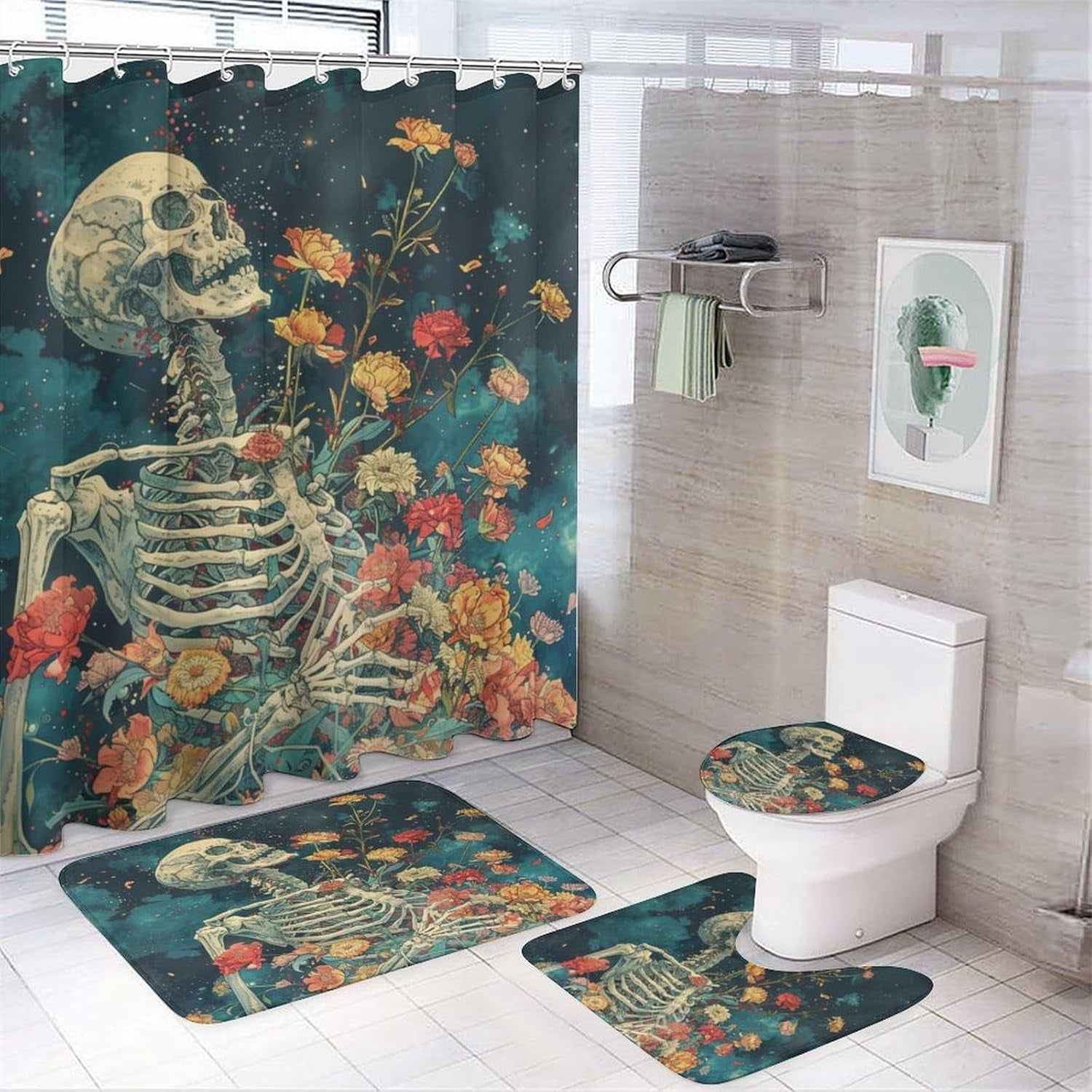 4Pcs Starry Sky Skeleton Bouquet Shower Curtain Set with Toilet Lid ...