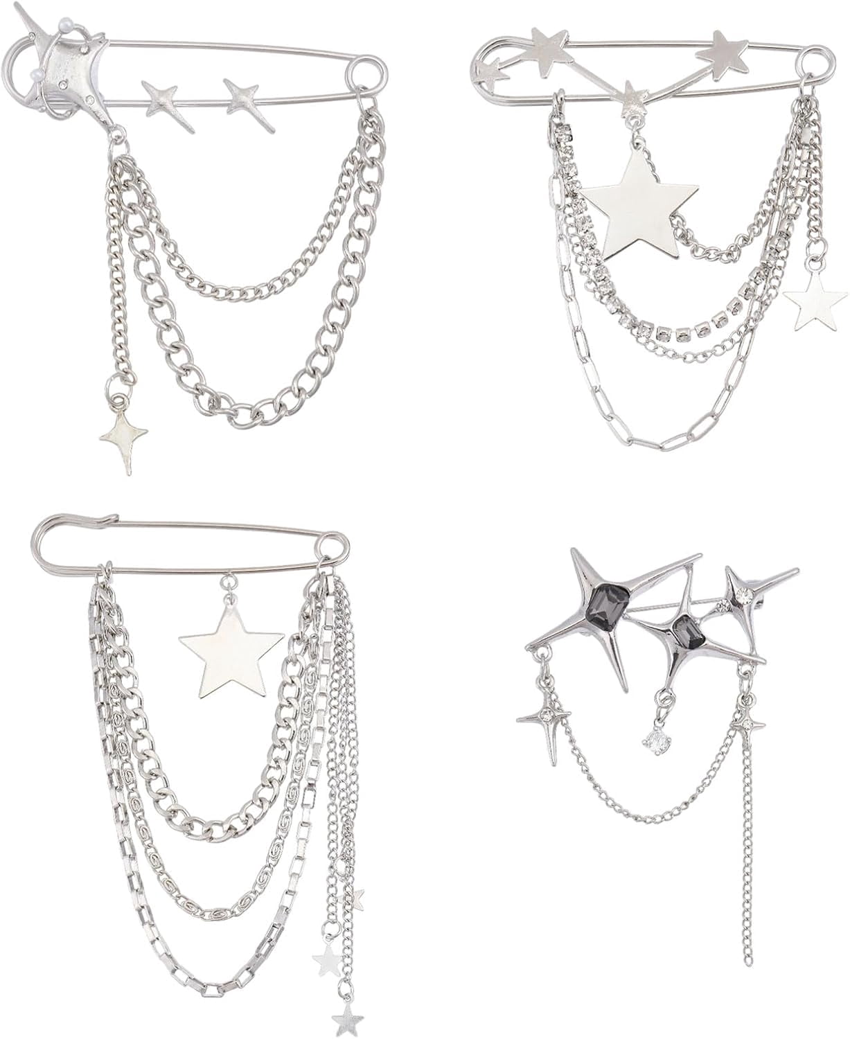 4Pcs Stars Punk Tassel Chain Brooch Layered Chain Tassel Brooch Pins ...