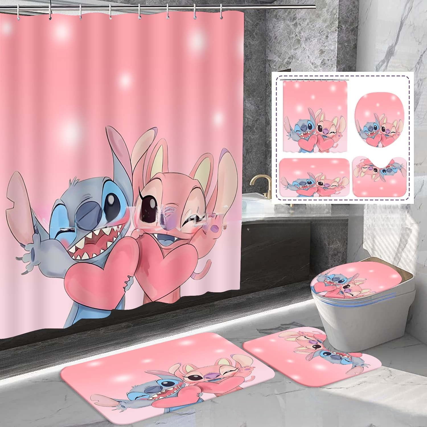 4Pcs Stich Shower Curtain Set with 12 C-Shaped Hooks, Waterproof Anime ...