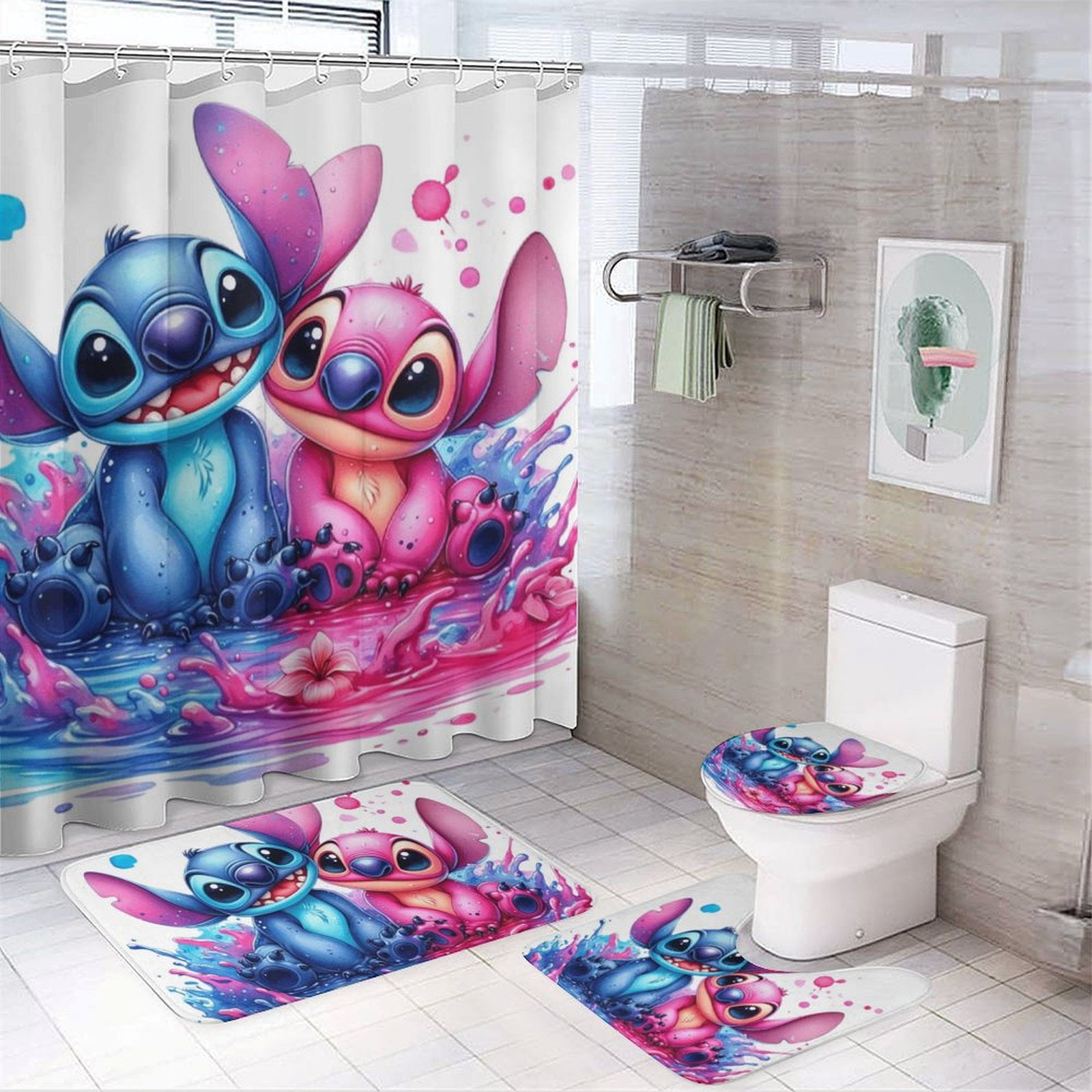 4Pcs Stitch Anime Shower Curtain Set with 12 Plastic C-Shaped Hooks ...