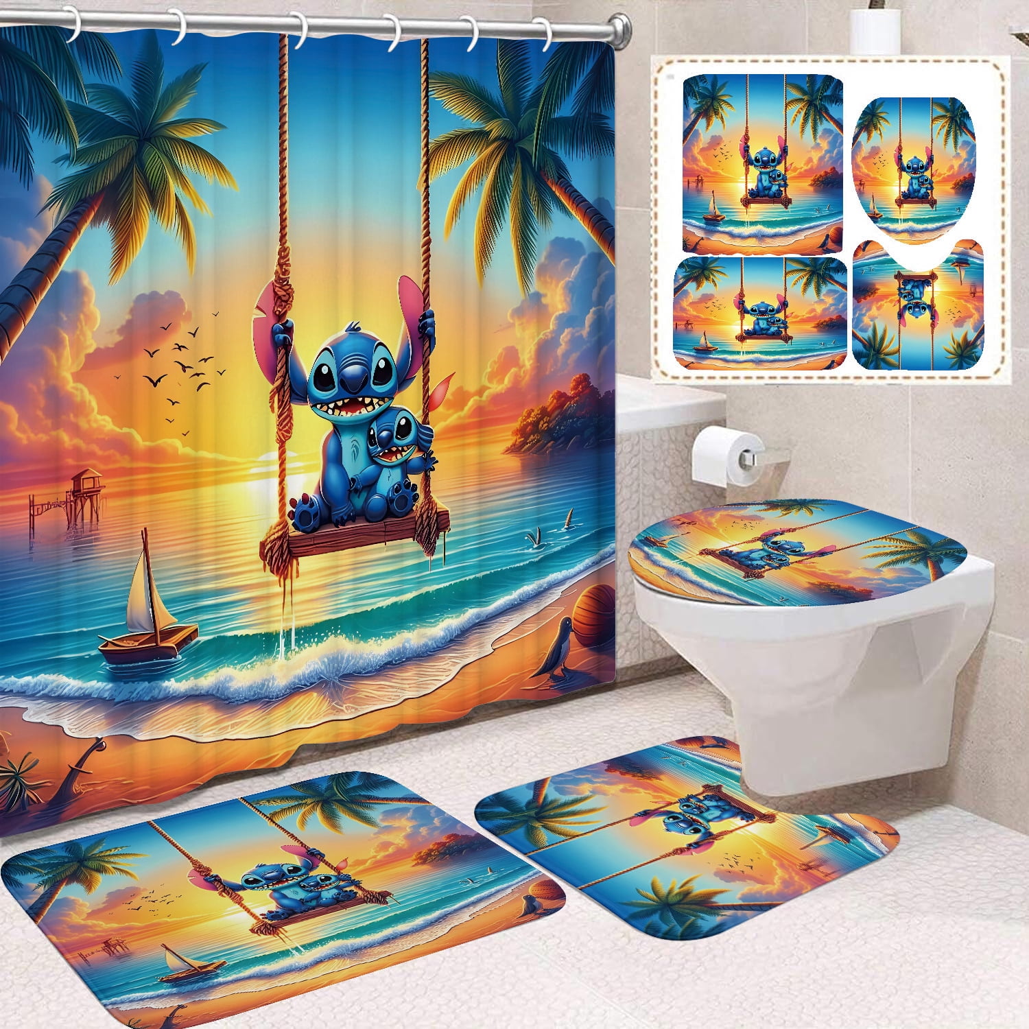 4Pcs Stitch Shower Curtain Set with 12 C-Shaped Hooks, Waterproof ...