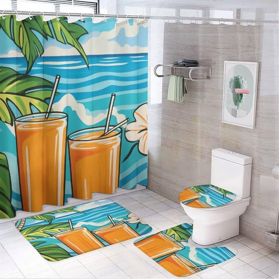 4Pcs Summer Shower Curtain Sets with Non-Slip Rugs, Beach Toilet Lid ...