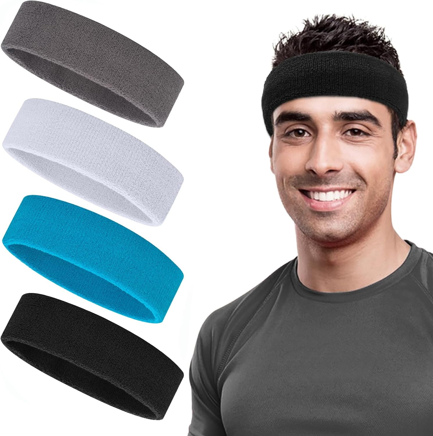 4Pcs Sweatbands Set, Sports Headband for Men & Women, Cotton Sweat Head ...