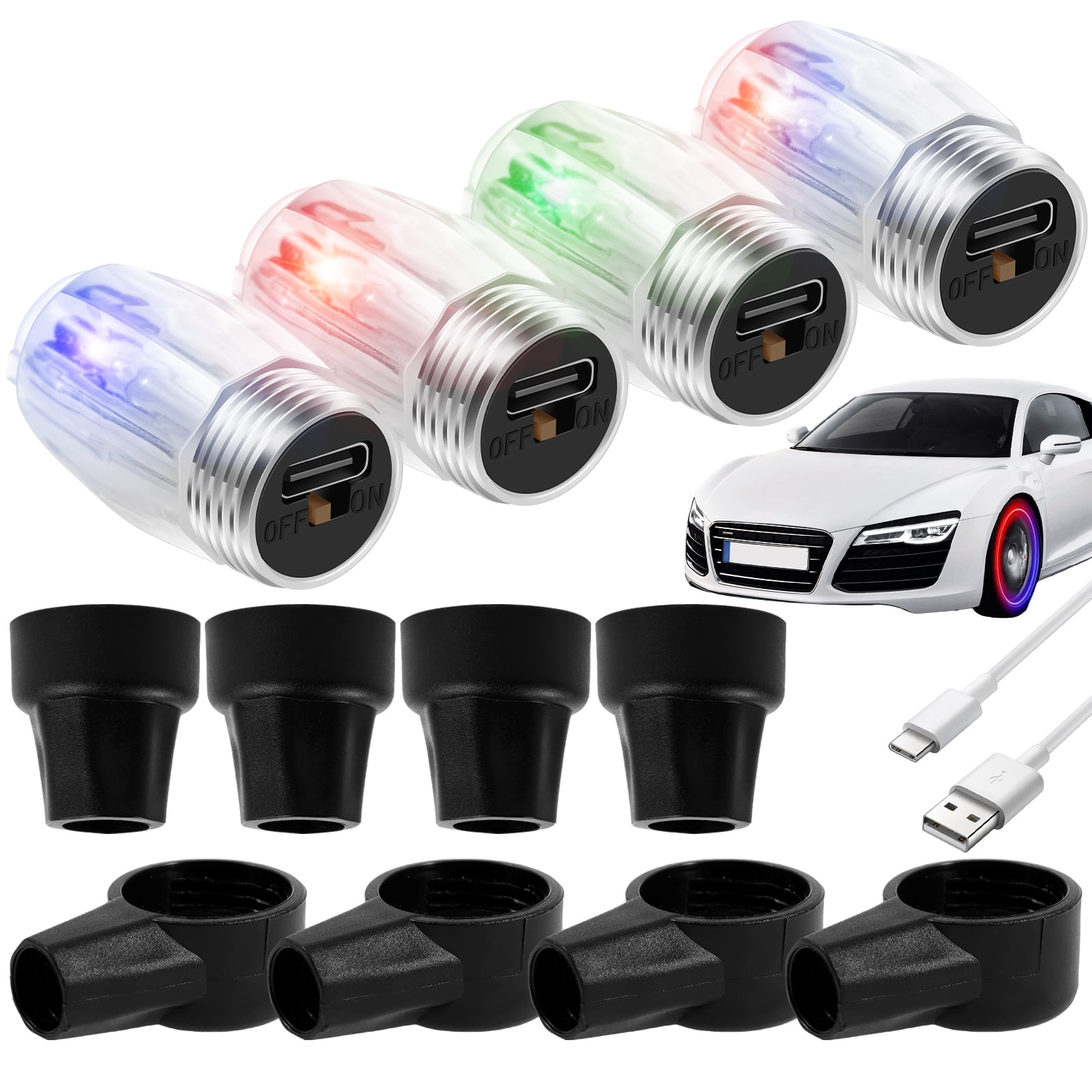 4Pcs Tire Valve Cap Lights Glow in The Dark LED Tire Valve Lights with ...