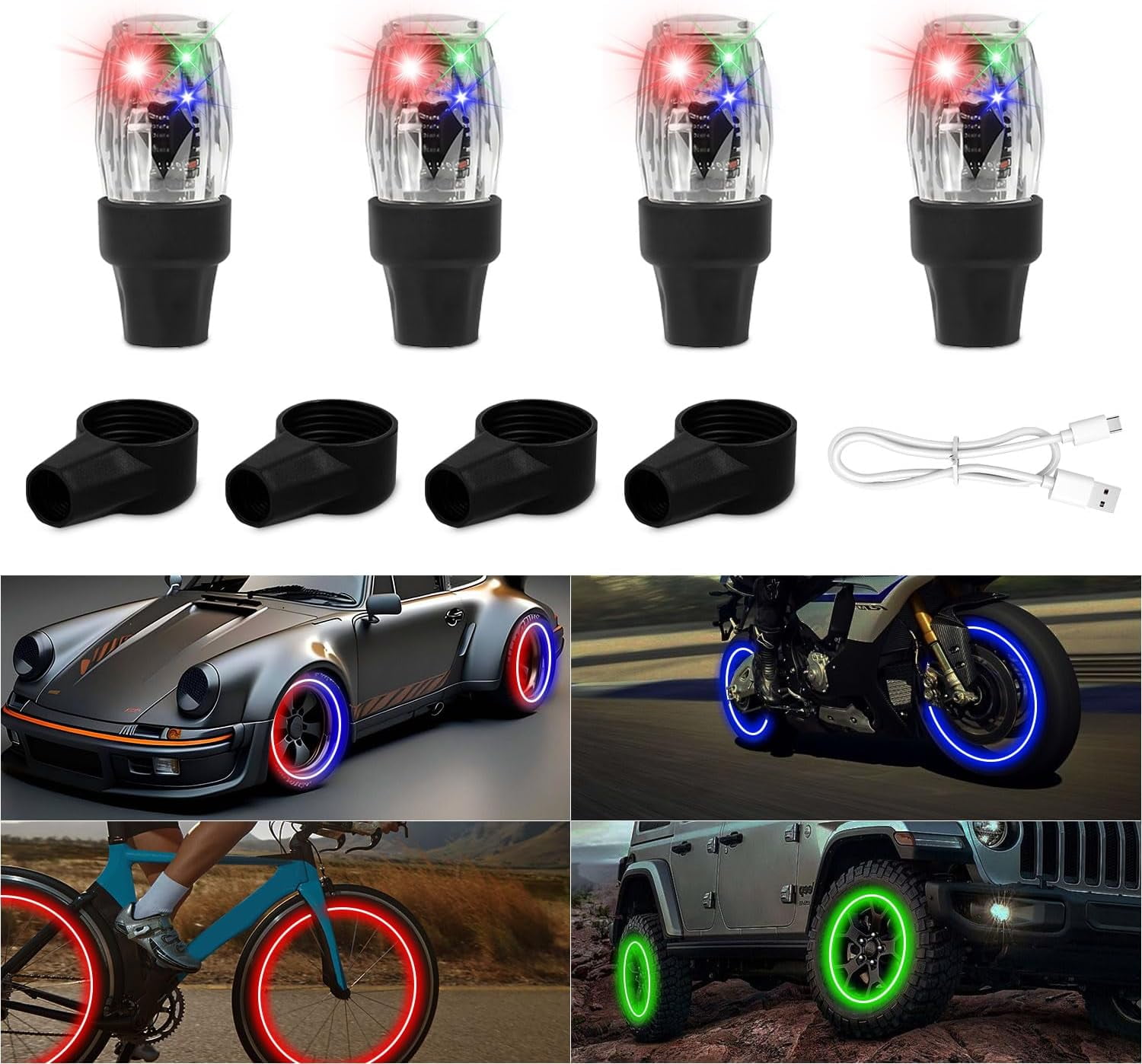 4Pcs Tire Valve Cap Lights, Glow in The Dark LED Tire Valve Lights ...