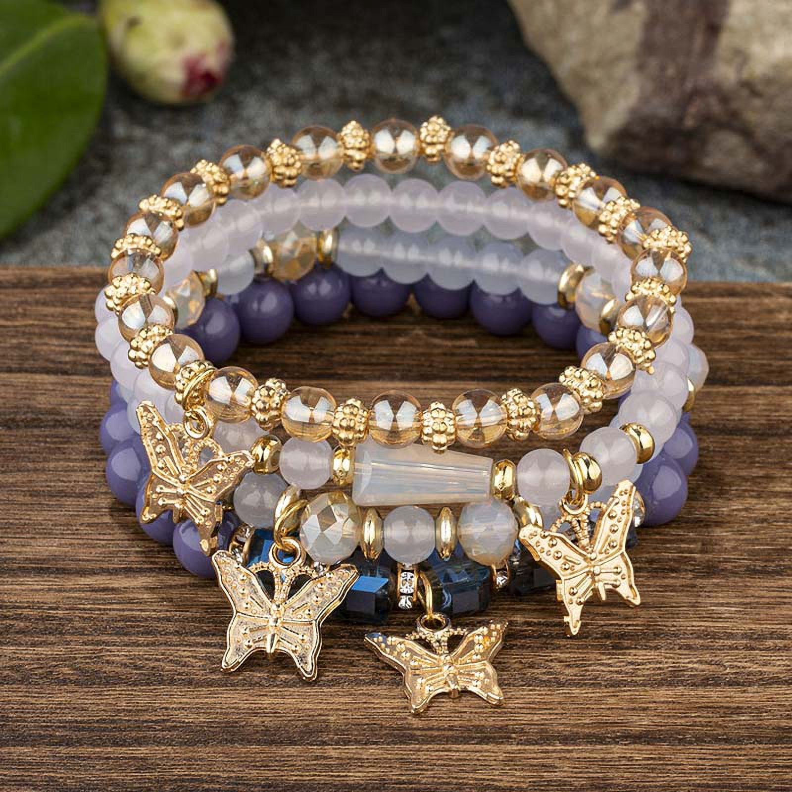 4Pcs Trendy Butterfly Beaded Bracelet Set For Women Pink Acrylic Beads ...