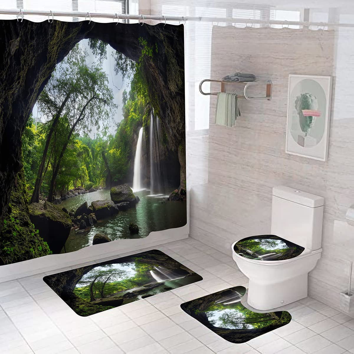 4Pcs Tropical Cave Waterfall Shower Curtain, Natural Scenery Forest ...