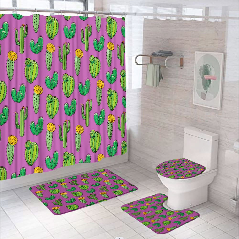 4Pcs Tropical Succulent Plant Floral Shower Curtain Set with Rug Toilet ...
