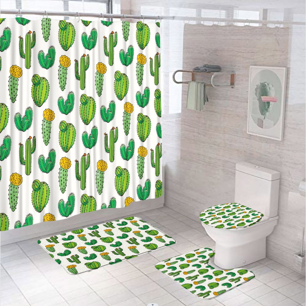 4Pcs Tropical Succulent Plant Floral Shower Curtain Set with Rug Toilet ...