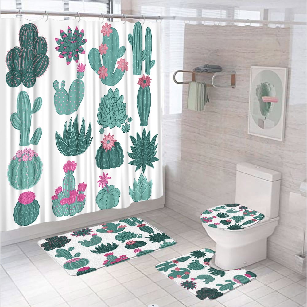 4Pcs Tropical Succulent Plant Floral Shower Curtain Set with Rug Toilet ...